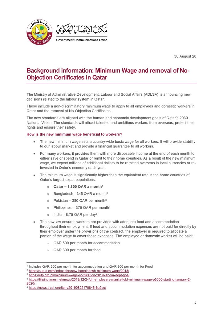 Qatar Sets Minimum wage and removed No-Objection Certificate to Change ...